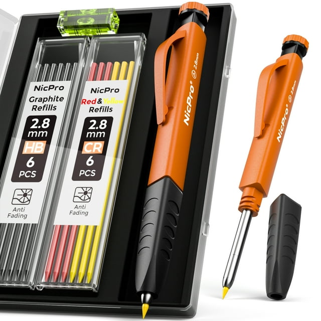 Nicpro Carpenter Pencil Set, 2.8mm, 12 Refills, Sharpener, Finger Grip ...