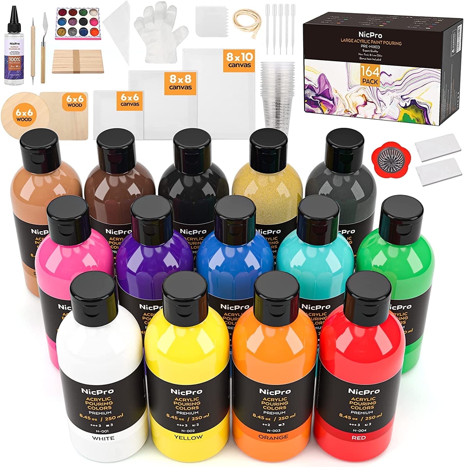 Nicpro 14 Colors 8.45oz Acrylic Pour Paint Supplies Kit, Large Volume ...