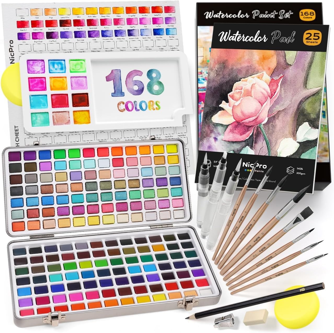 Nicpro 168 Colors Watercolor Paint Set include Metallic Macaron Candy ...