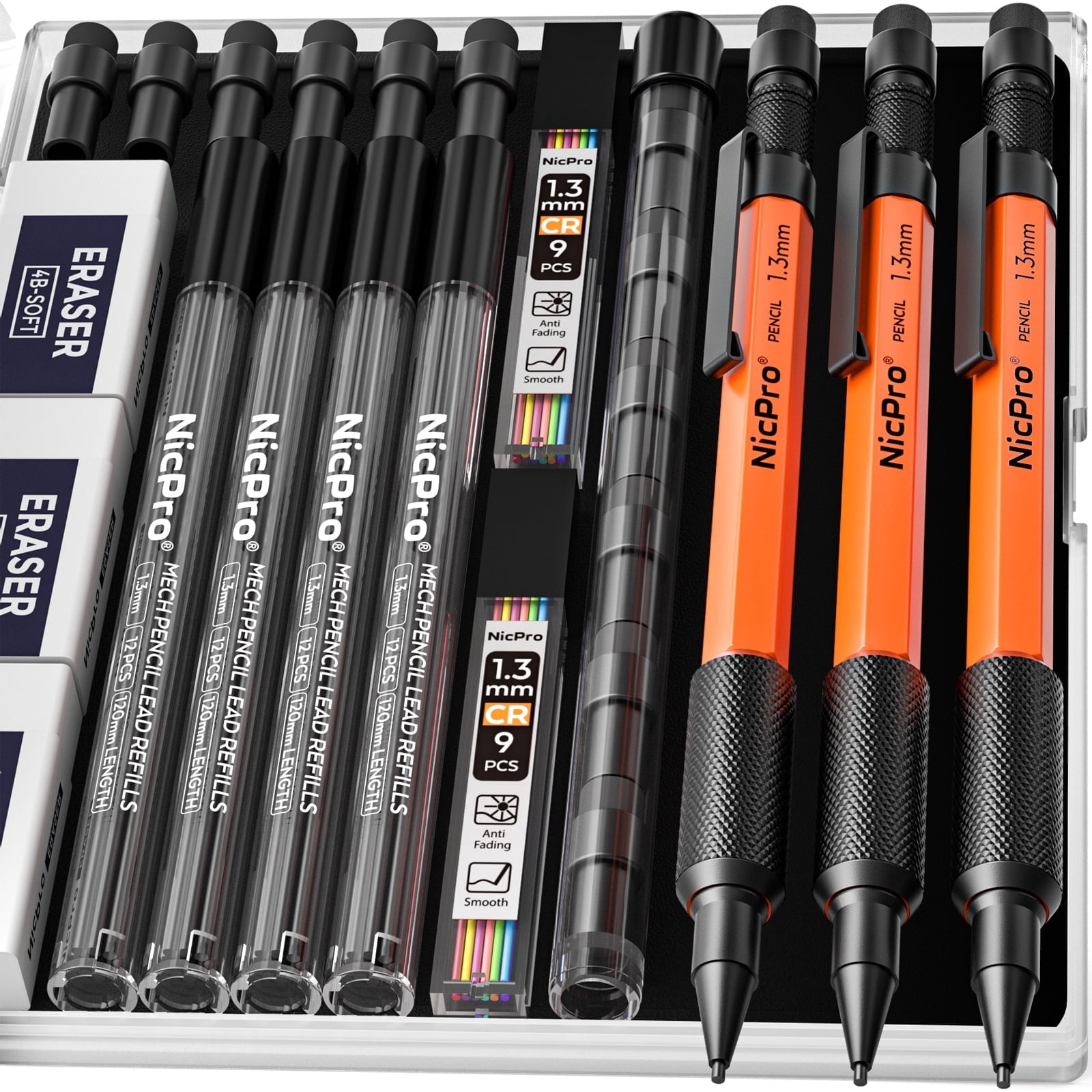 Nicpro 3 PCS 1.3 mm Orange Mechanical Pencils Set with 66 Lead Refill ...