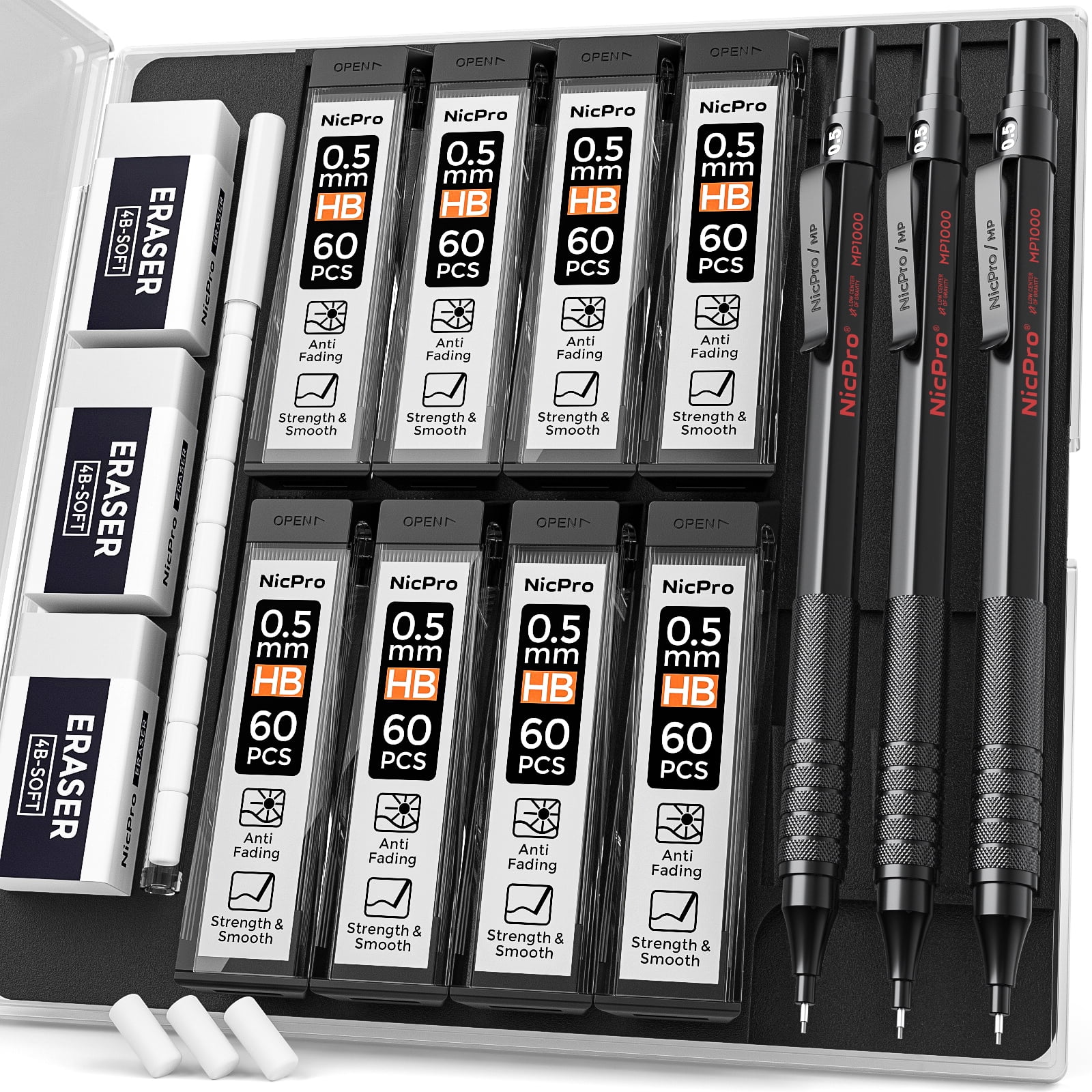 Nicpro 0.5mm Metal Mechanical Pencils Set, 3 Pcs, 360 HB Lead Refills ...