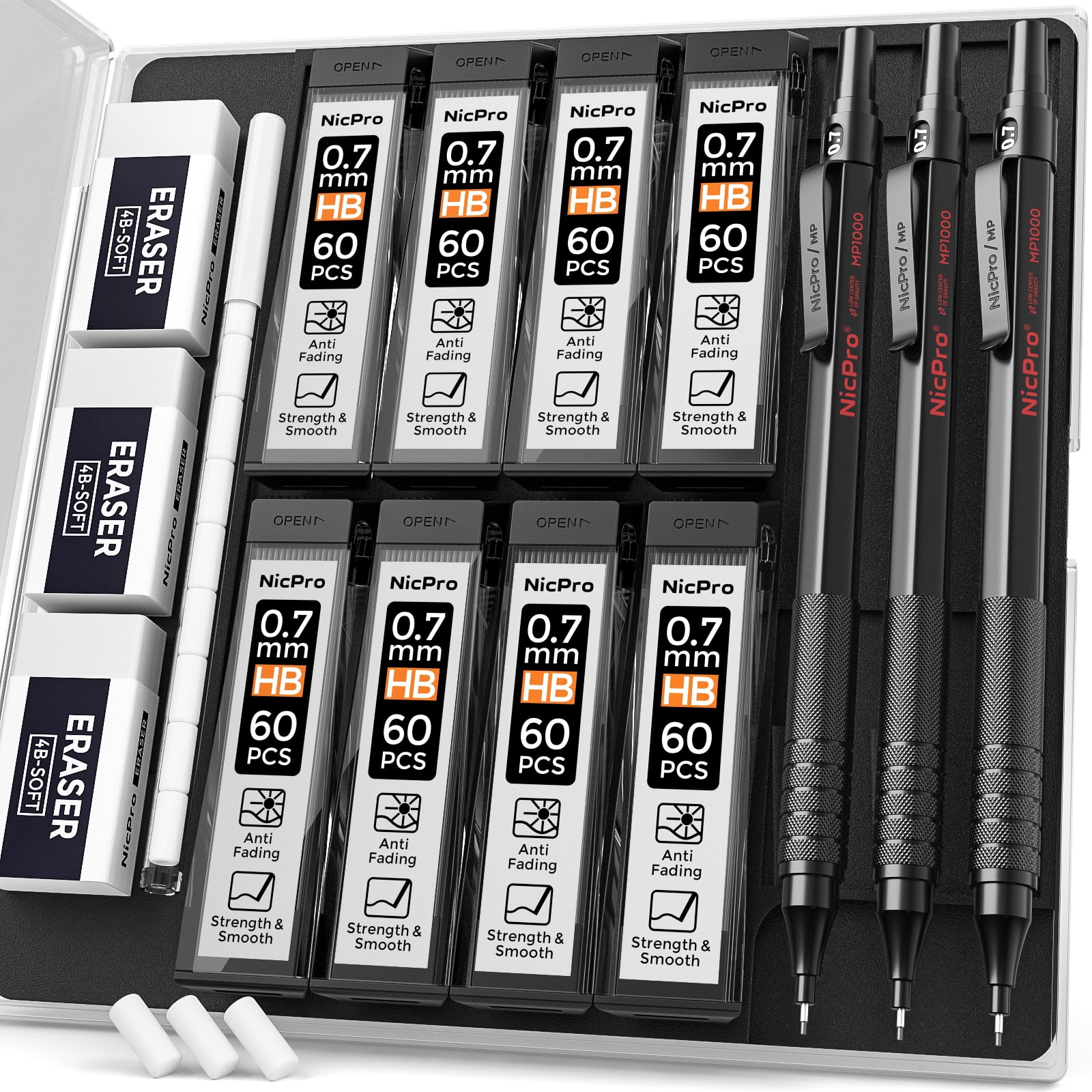 Nicpro 3 Pcs 0.7mm Metal Mechanical Pencils Set, Artist Pencil with 6 ...