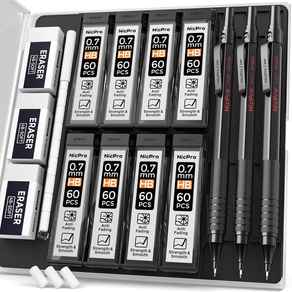 Nicpro 0.7mm Metal Mechanical Pencil Set, 3 Pencils, HB Lead Refills ...