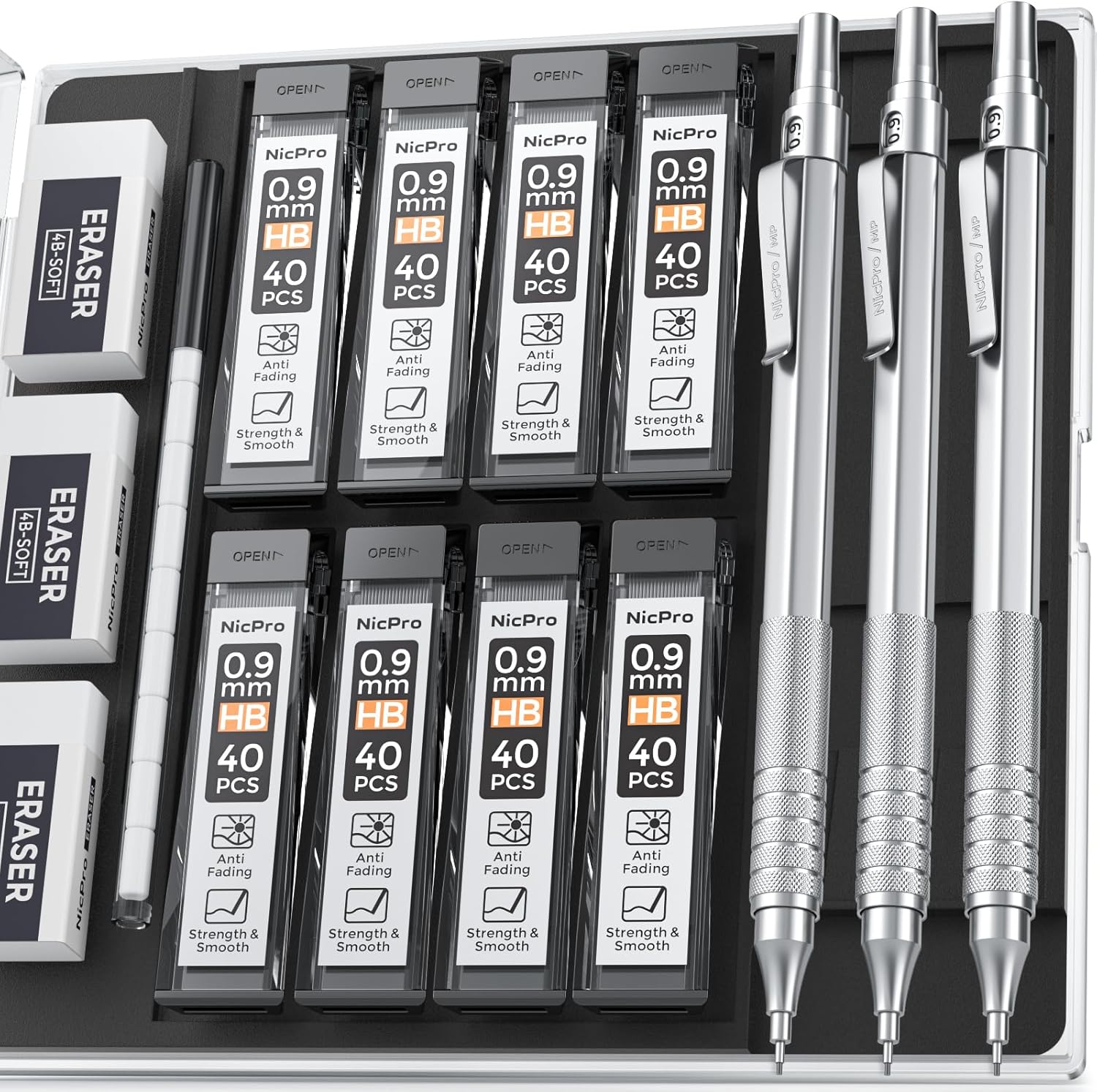 Nicpro 0.9mm Mechanical Pencils - 3 Pcs, Refillable with 6 Tubes HB ...