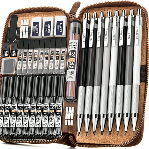 Nicpro 38 Pcs Art Mechanical Pencils Set in Leather Case, 3 Pcs Metal ...