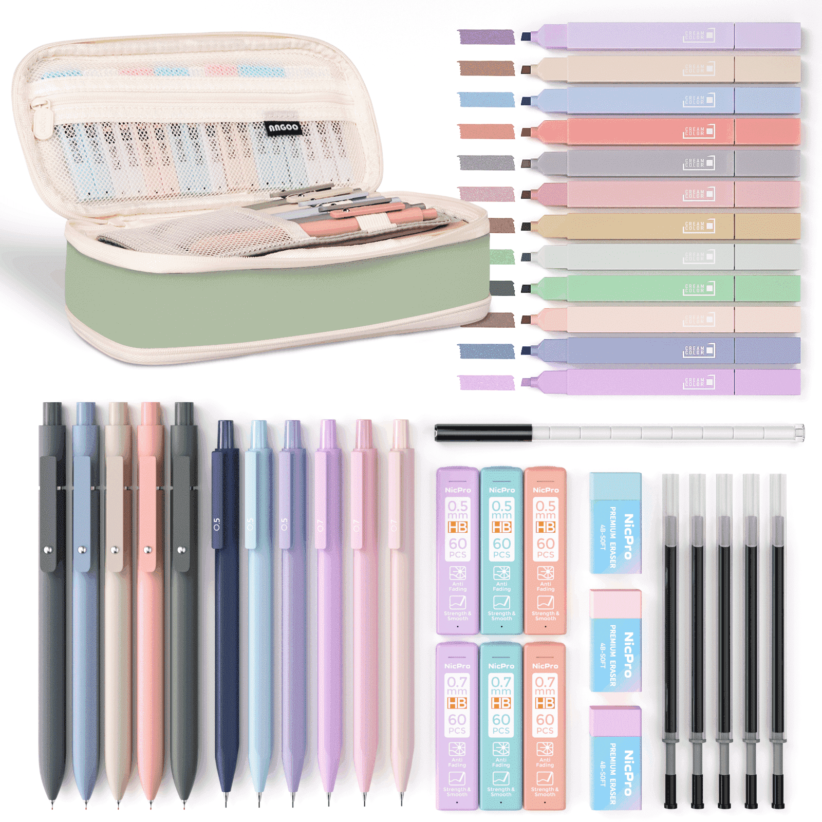 Nicpro 39Pcs School Supply Set: Pen Case, 12 Highlighters, 5 Black Pens ...
