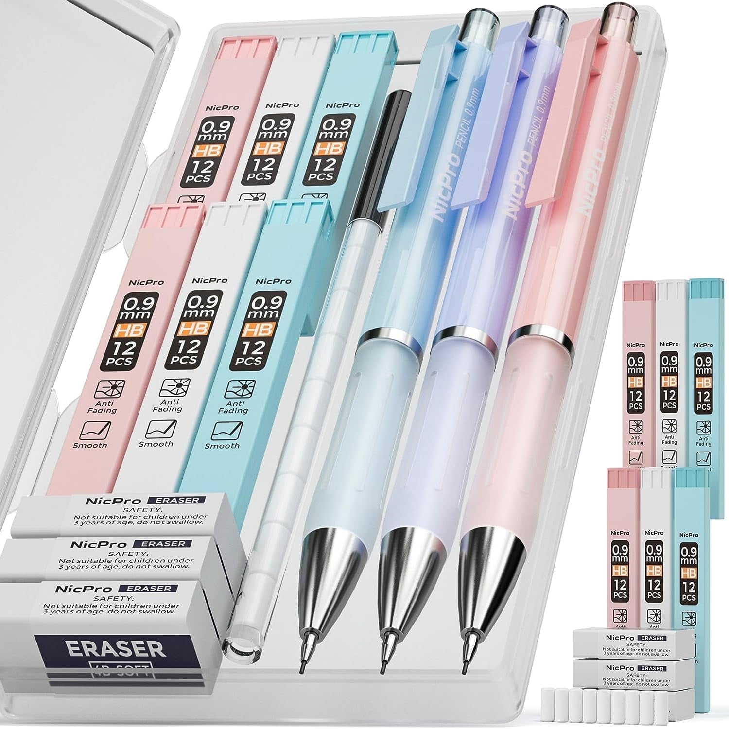 Nicpro Pastel Mechanical Pencil Set, 0.9mm, 3 Pencils, HB Lead, Erasers ...