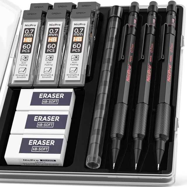 Nicpro 3Pcs 0.7mm Metal Mechanical Pencils Set, with 6 Tube HB Lead ...