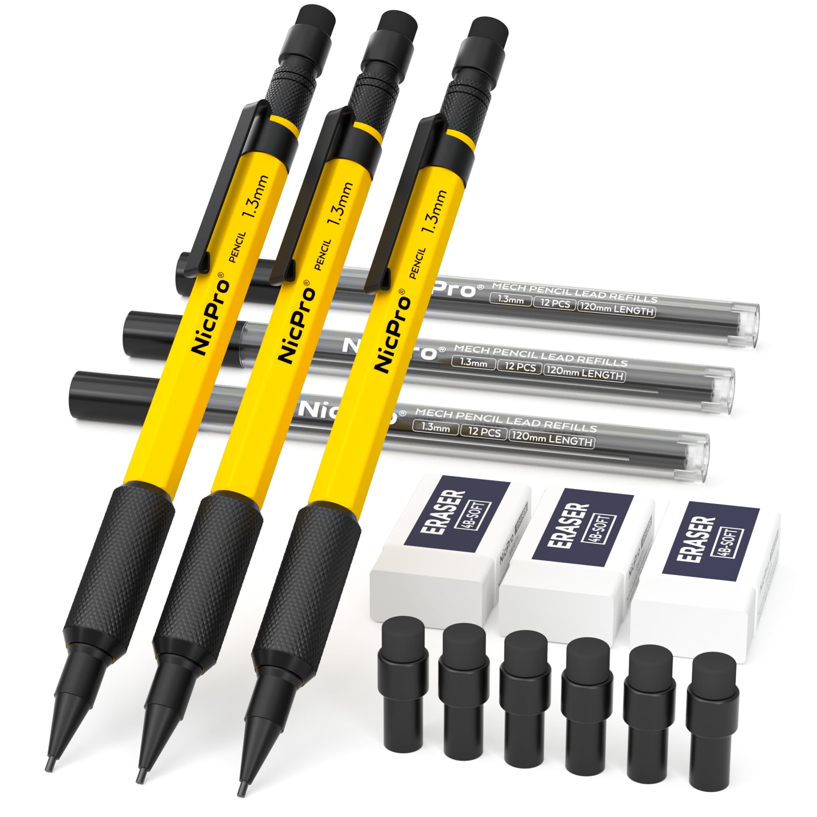 Nicpro 3Pcs 1.3 mm Mechanical Pencils Set with 36 Lead Refill, 3 Eraser - Weatherproof Metal ...