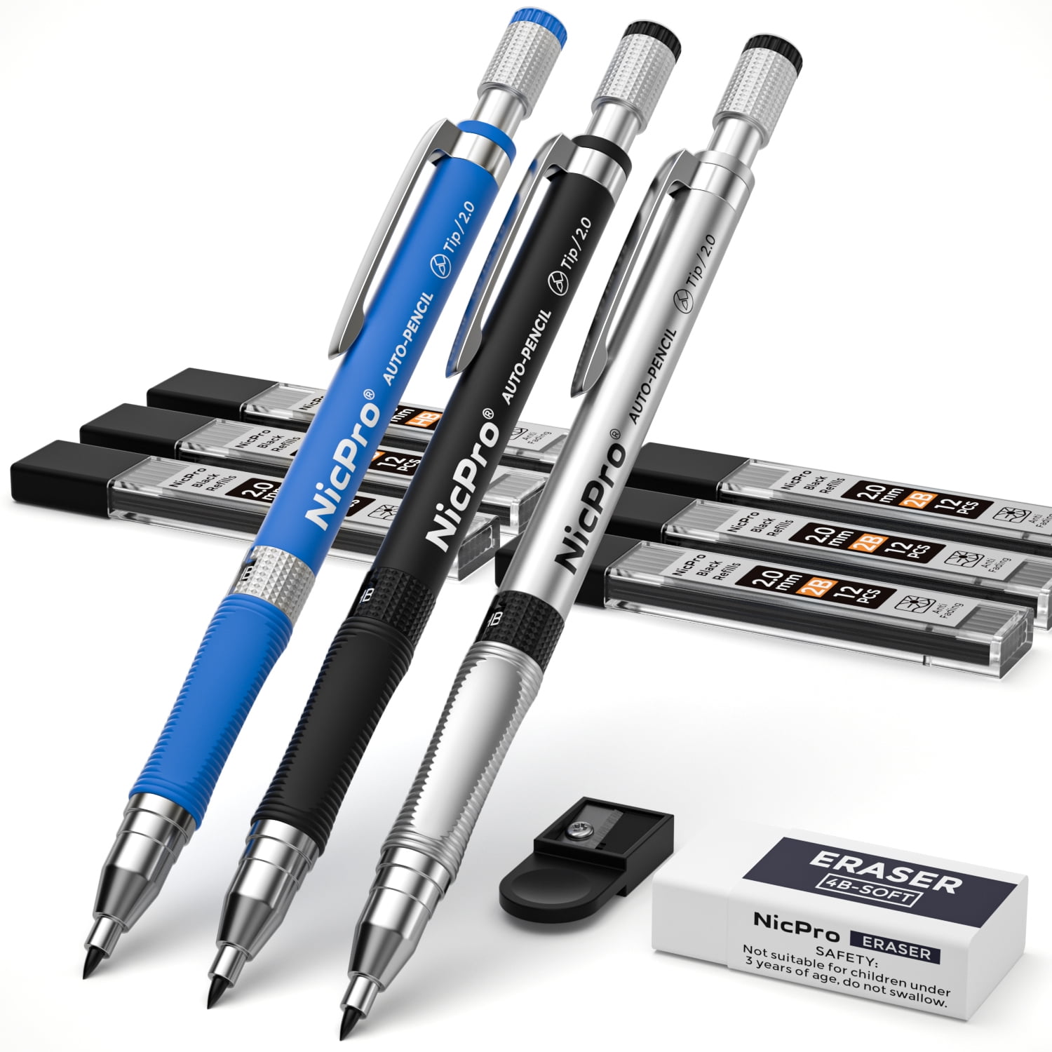 Nicpro 3Pcs 2.0mm Mechanical Pencil Set, Carbon Refillable, Sharp Kit ...