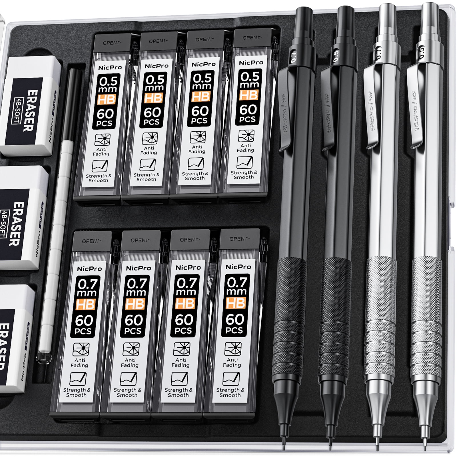 Nicpro 4 Pcs 0.5 & 0.7 mm Metal Mechanical Pencils, Artist Pencil Set ...