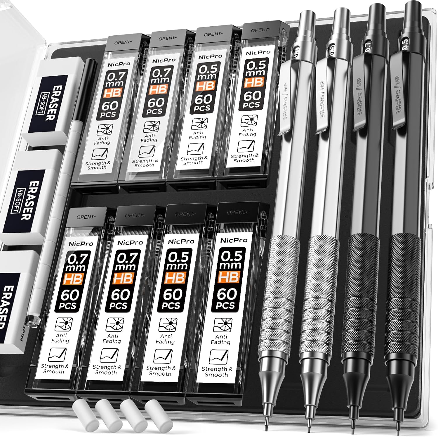 Nicpro 4 Pcs 0.5 & 0.7 mm Metal Mechanical Pencils, Artist Pencil Set ...