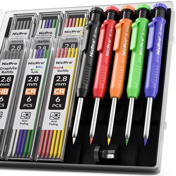 NicPro Carpenter Pencils, 2.8 mm, 2 Pack with 26 Refills, Sharpener ...
