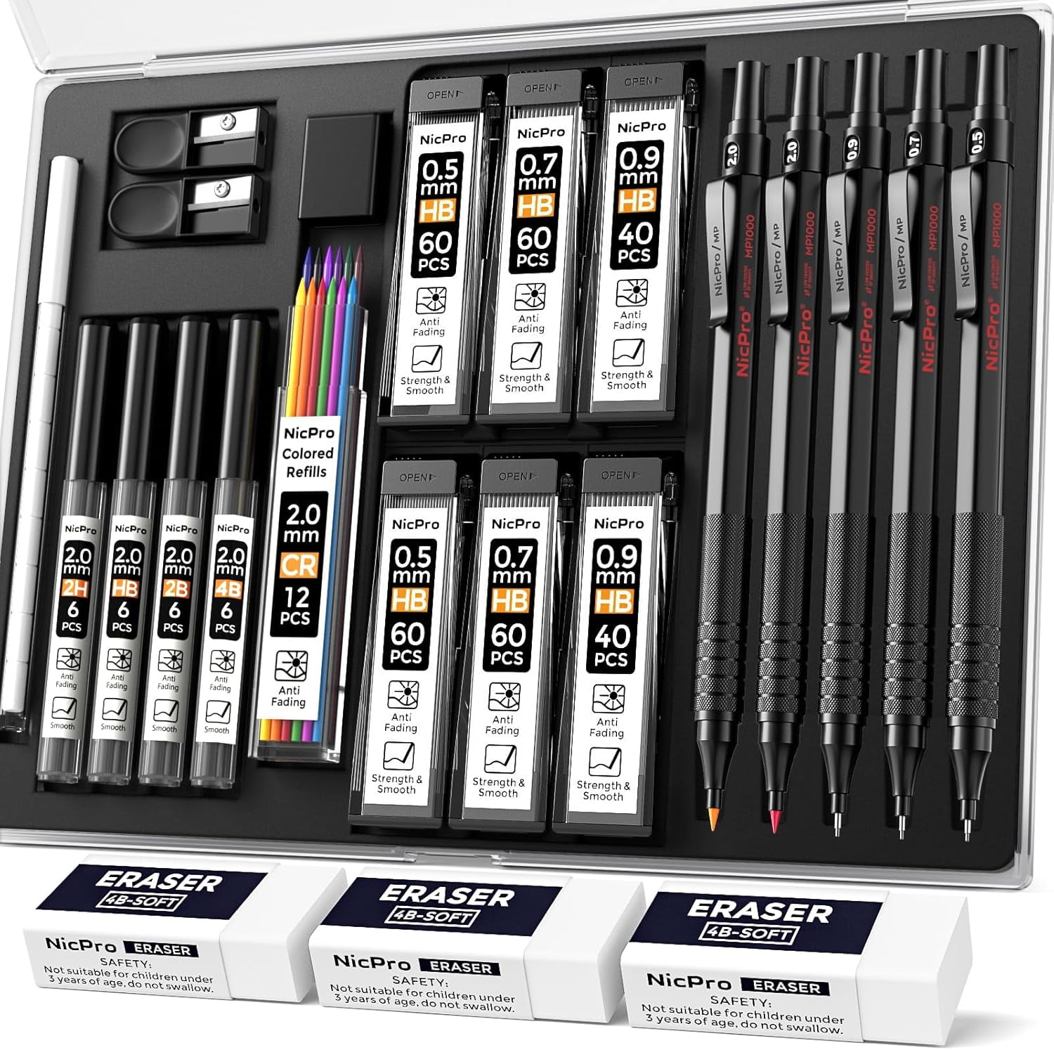Nicpro 5 Pcs Mechanical Pencils Set, 0.5, 0.7, 0.9mm & 2mm Lead Holder ...