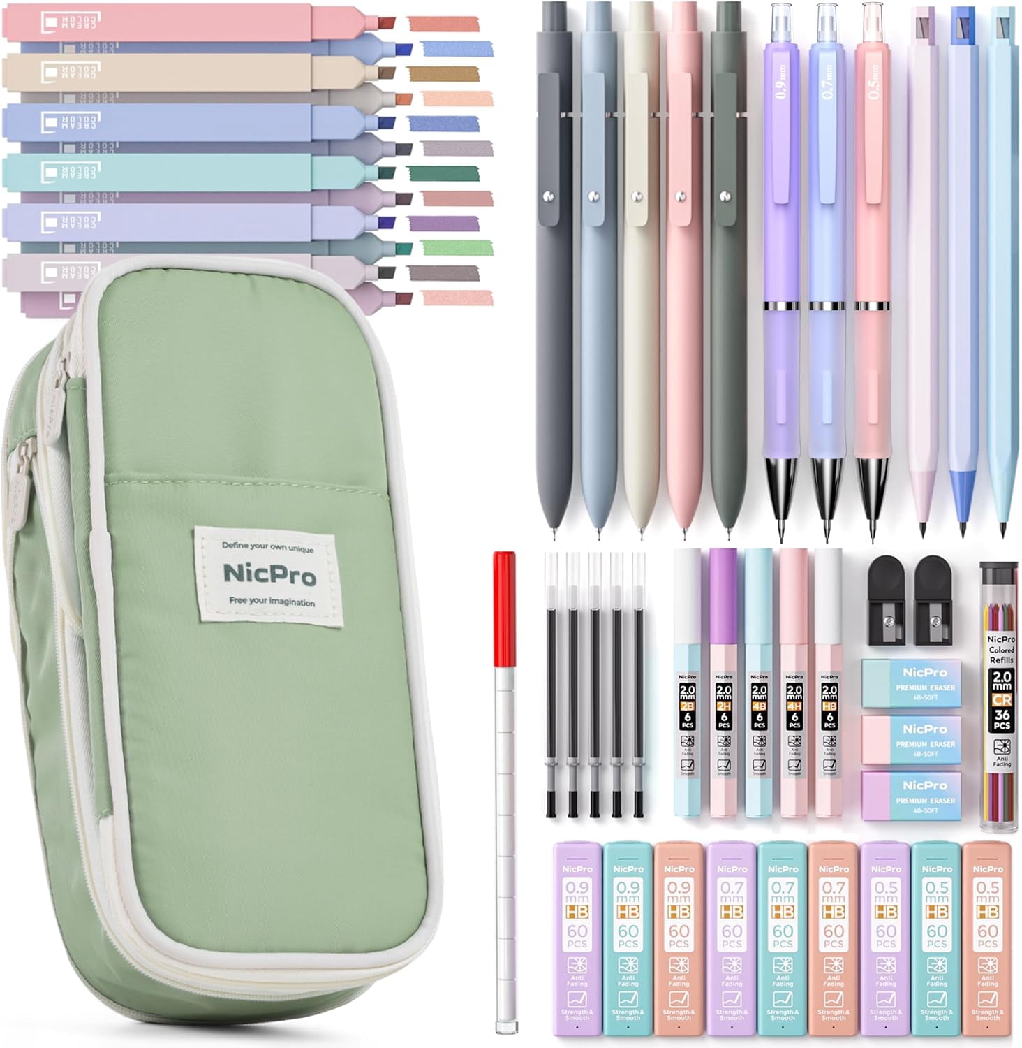 NicPro 50Pcs Aesthetic Supplies Set with Highlighters, Pencils & Pens ...