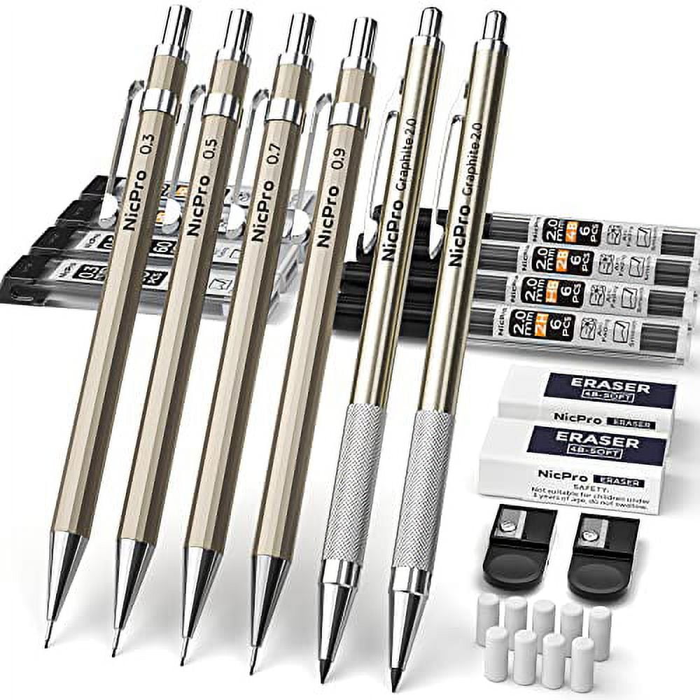 Nicpro 6 PCS Art Mechanical Pencils Set Metal, Artist Drafting Pencil 0.3 & 0.5 & 0.7 & 0.9 mm ...