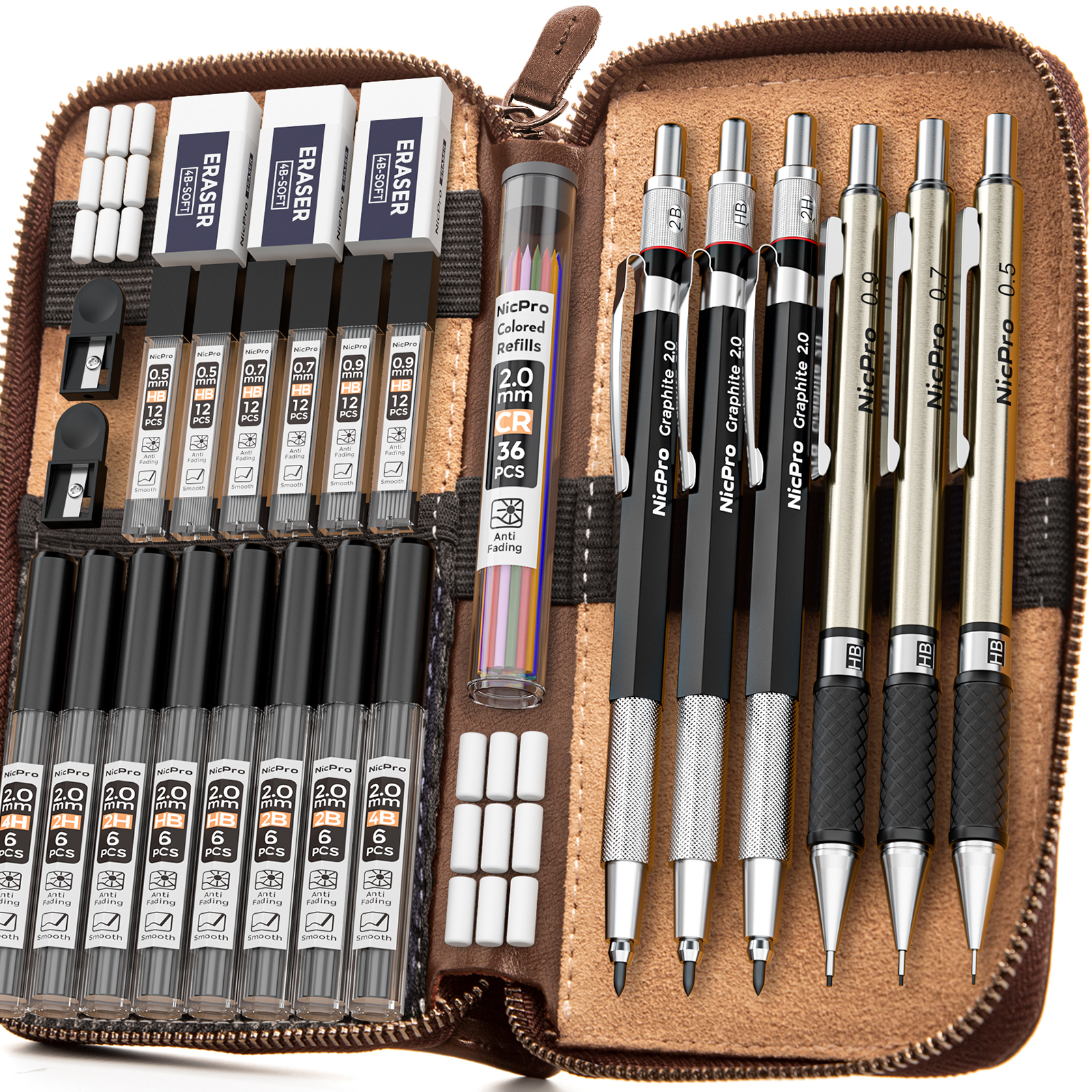 Nicpro 5 Pcs Metal Mechanical Pencils Set, Artist Drafting Pencil 0.5 & 0.7 & 0.9mm & 2Pcs 2mm ...