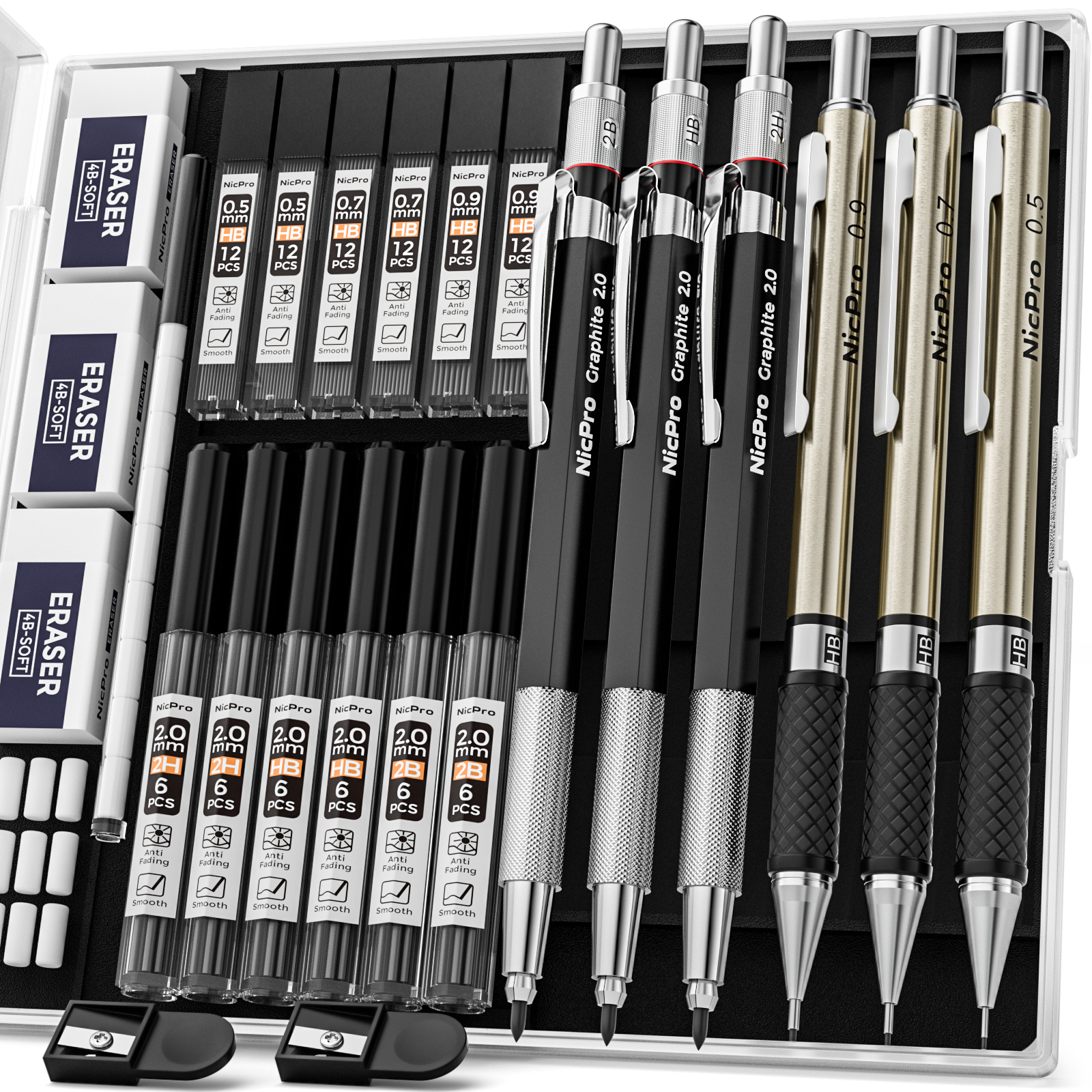 Nicpro 5 Pcs Metal Mechanical Pencils Set, Artist Drafting Pencil 0.5 & 0.7 & 0.9mm & 2Pcs 2mm ...