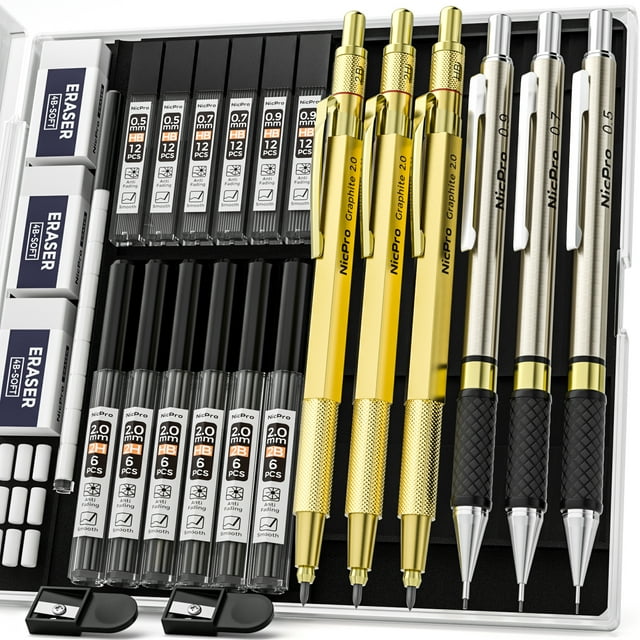 Nicpro 6pcs Mechanical Pencil Set, 0.5, 0.7, 0.9 & 2mm Gold Graphite ...