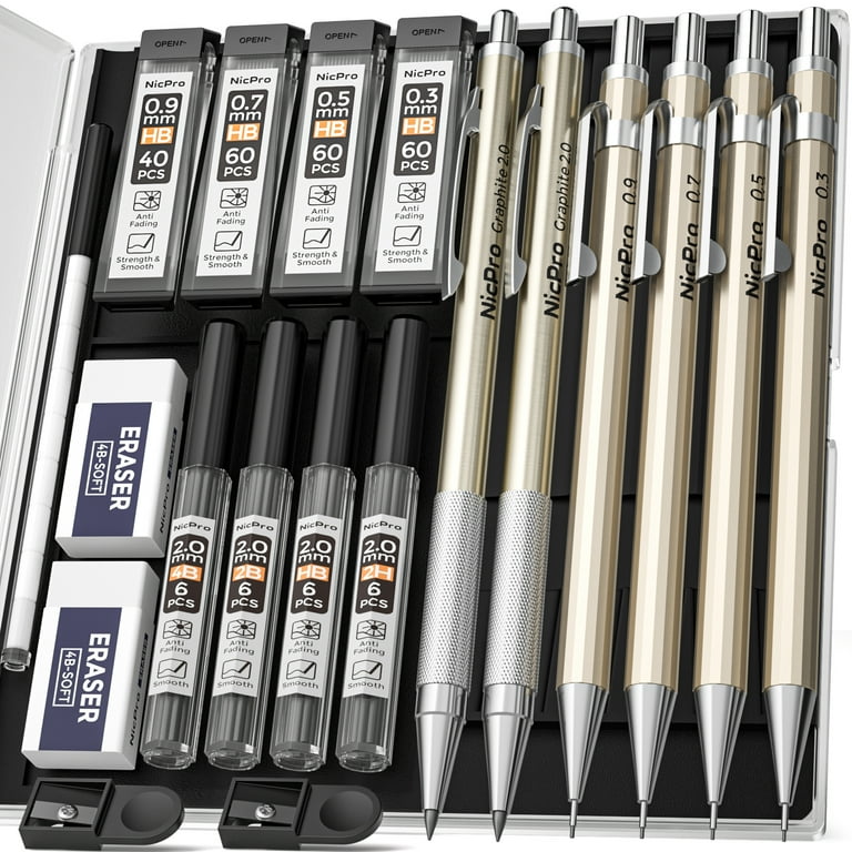 Nicpro 6 Pcs Metal Mechanical Pencils Artist Drafting Pencil 0.3 0.5 0.7 0.9mm and 2mm Lead Holder 4B 2B HB 2H Come with Case