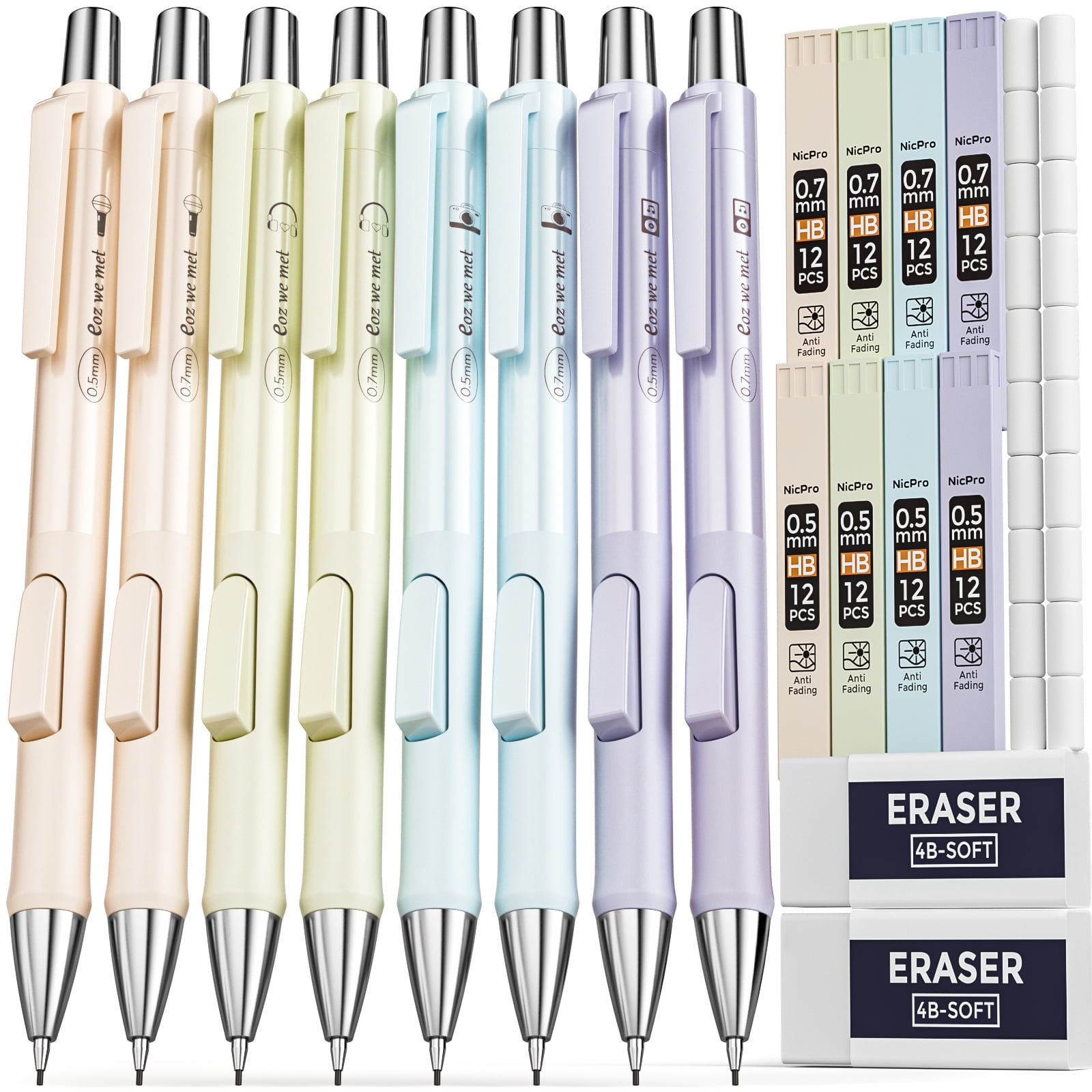 Nicpro 8 Pcs Pastel Mechanical Pencil 0.5mm & 0.7 mm, Cute Fast Click ...
