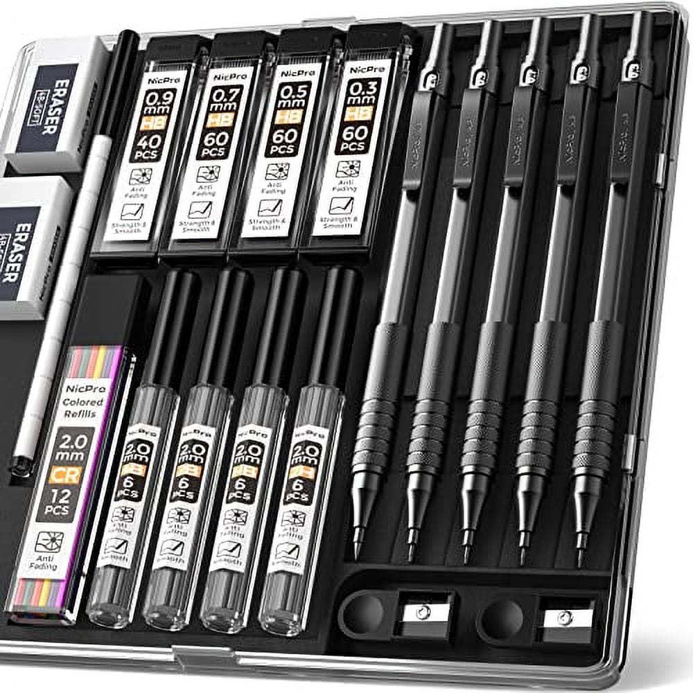 Nicpro Black Art Mechanical Pencil Set, 5PCS Metal Drafting 0.3, 0.5, 0.7, 0.9, 2mm Lead Holder ...