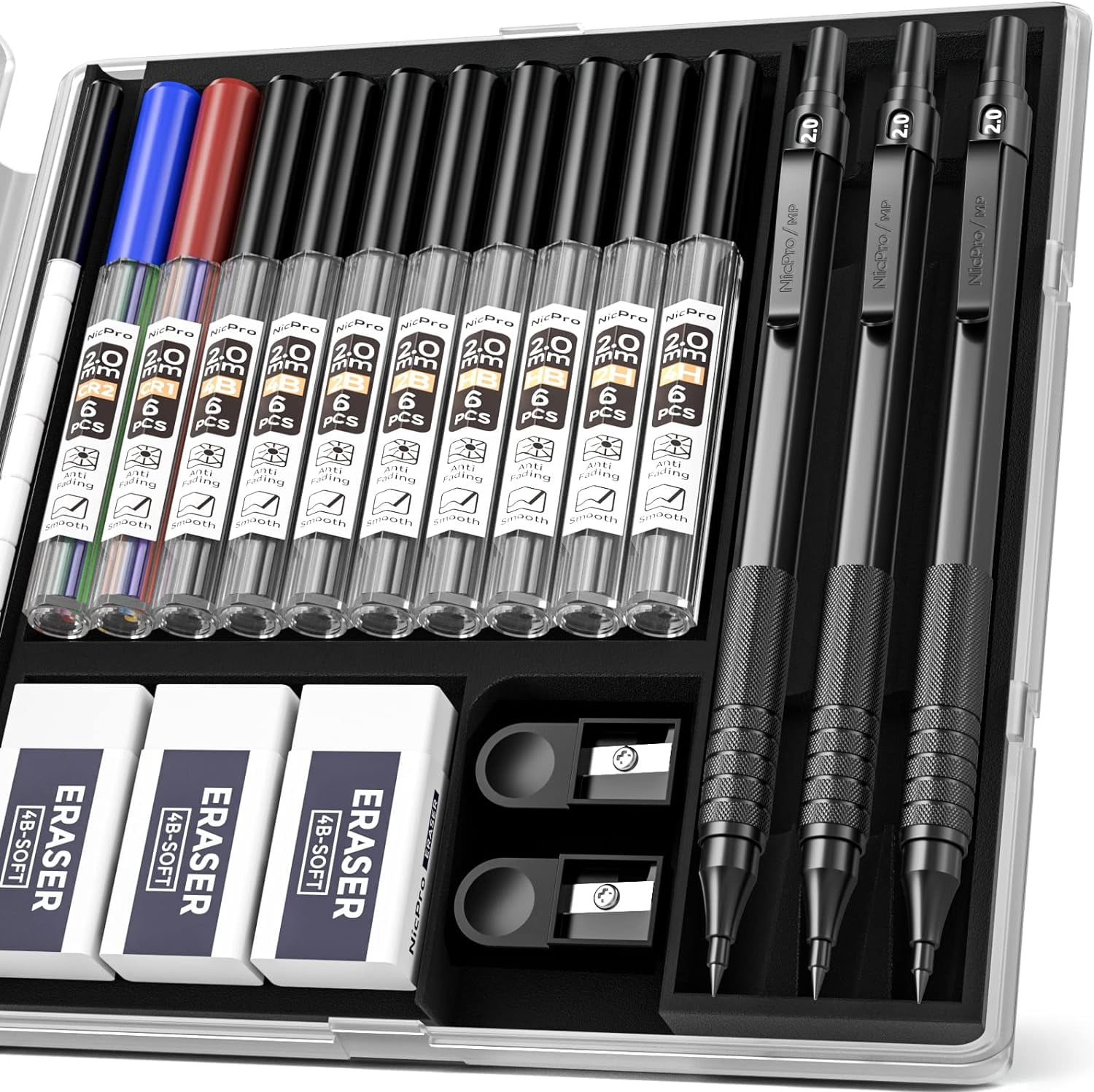 Nicpro Black Metal 2.0mm Mechanical Pencil Set with Case, 3 Pcs ...