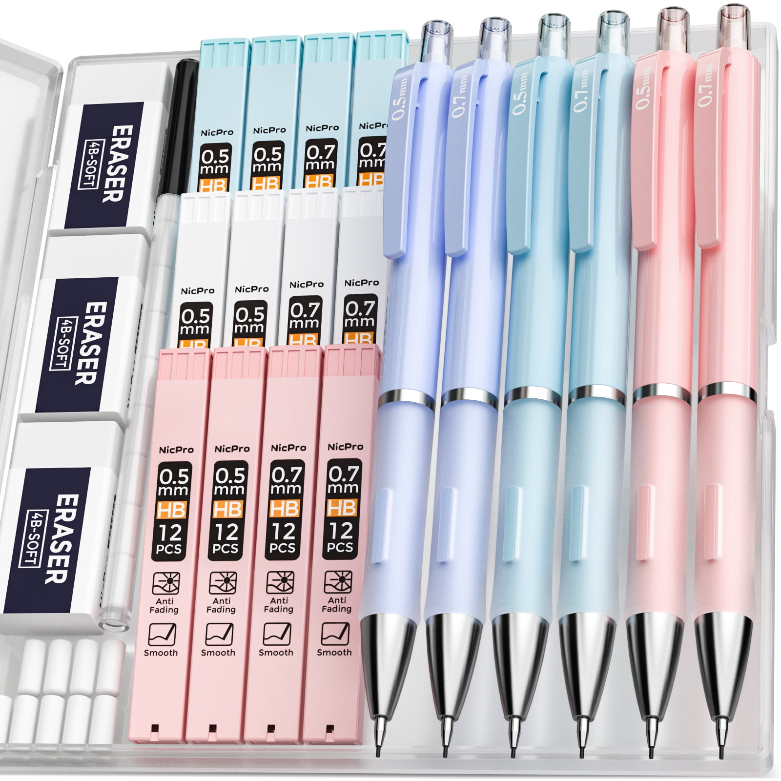 Nicpro Pastel Mechanical Pencil Set, 0.5mm 0.7mm HB, Refills Erasers, 6 ...