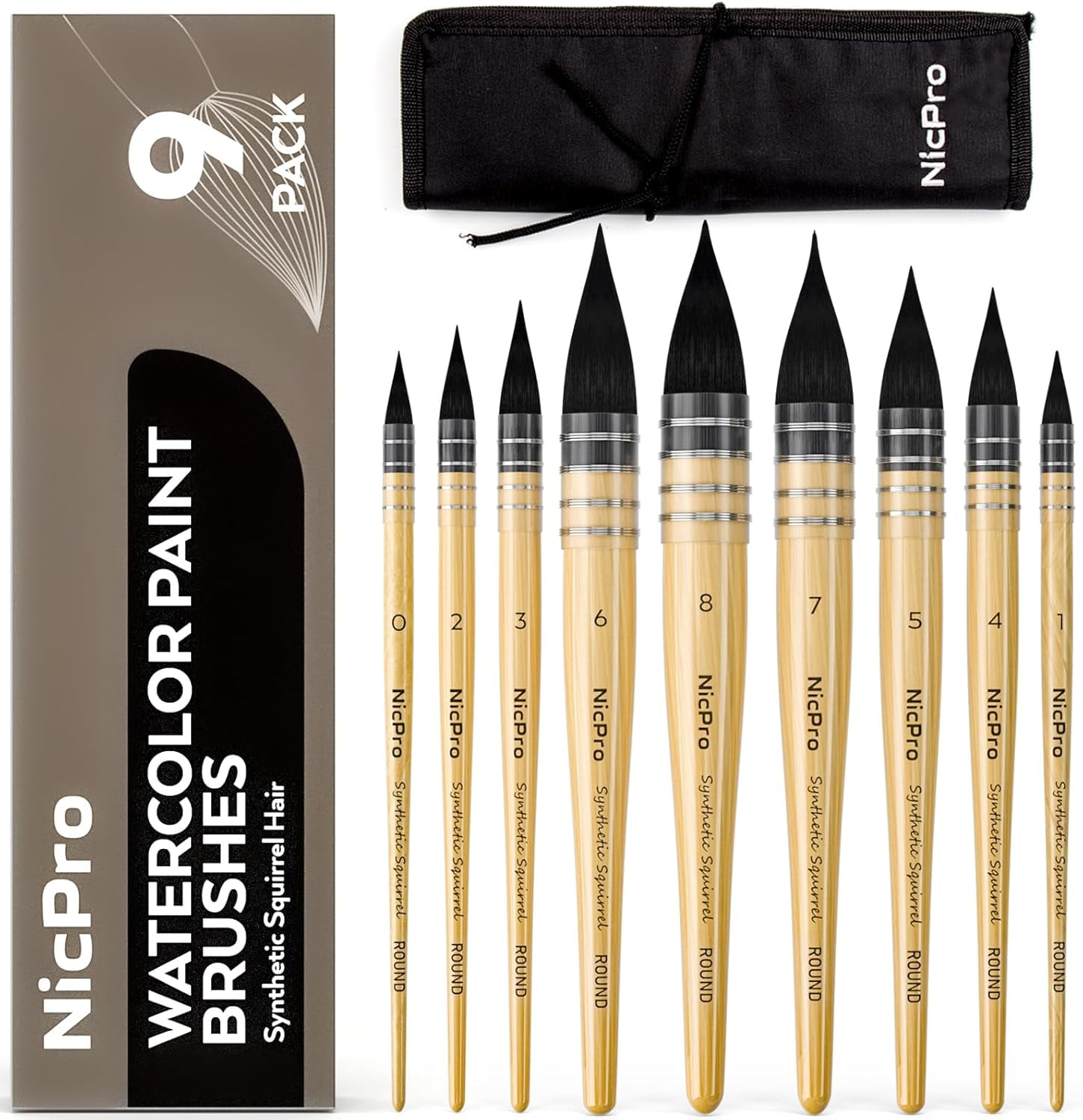 Nicpro Professional Watercolor Paint Brushes with Nylon Bag, 9 Pcs Mop ...