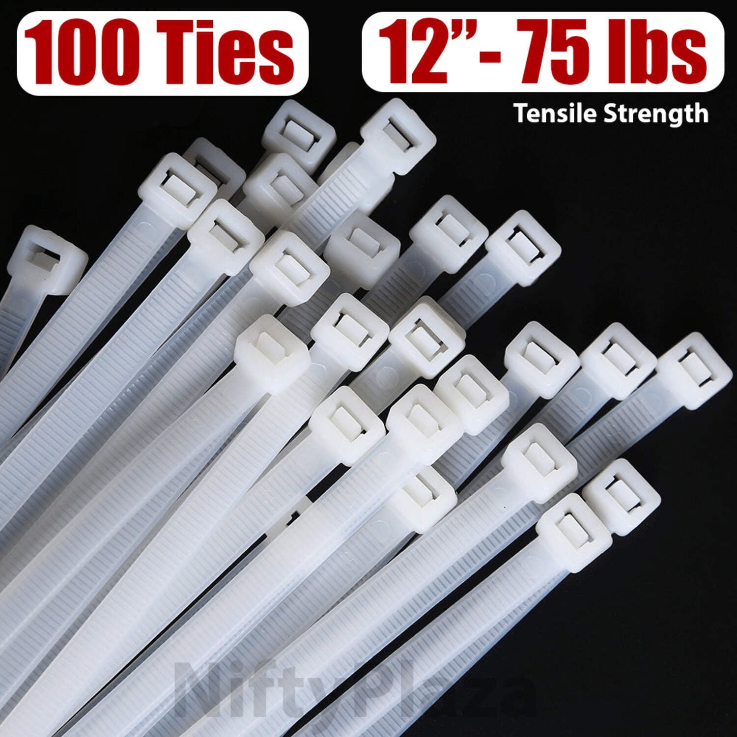 NiftyPlaza 12 Inch Cable Zip Ties, 100 Pack, 75 lbs Tensile Strength ...