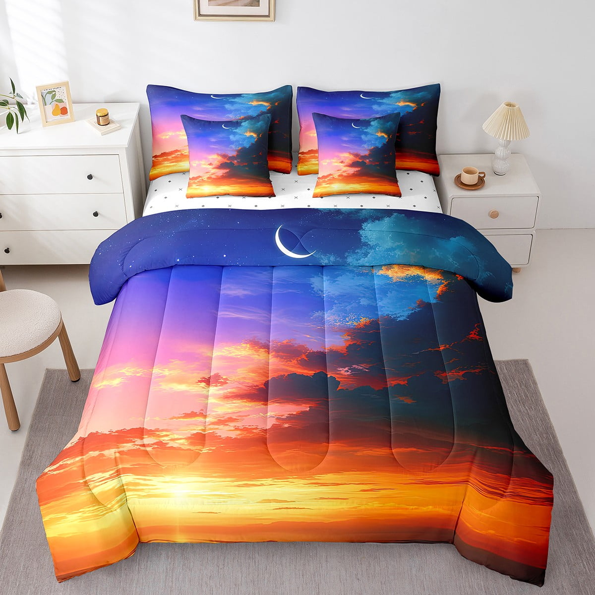 Night Blue Galaxy Twin Comforter Set,Starry Sky Moon 7 Pieces Bed in a Bag,Natural Scenery ...