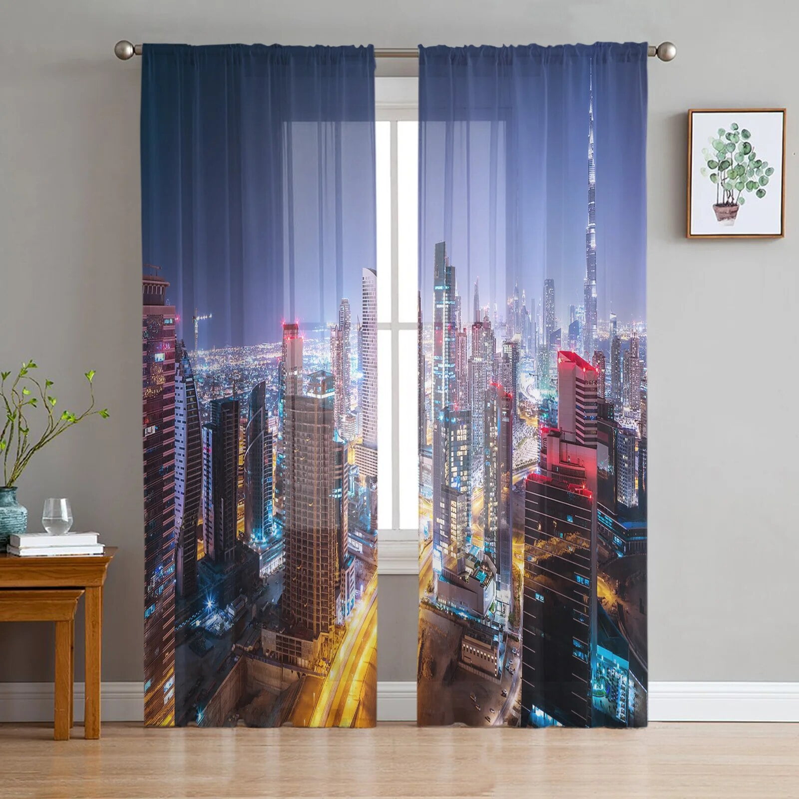 Night City Building Urban Modern Sheer Curtains for Living Room Bedroom ...