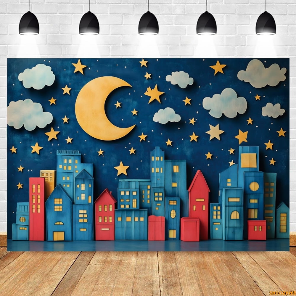 Night City Buildings Backdrop Moon Stars Baby Shower Kids Birthday ...