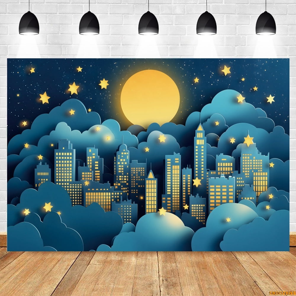 Night City Buildings Backdrop Moon Stars Baby Shower Kids Birthday ...
