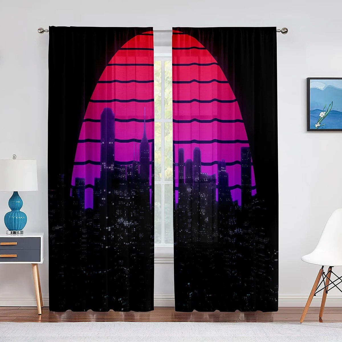 Night City Landscape Purple Neon Sheer Curtain for Living Room Bedroom ...