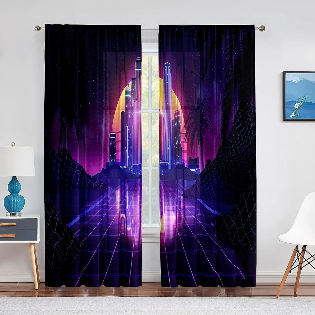 Night City Landscape Purple Neon Sheer Curtain for Living Room Bedroom ...