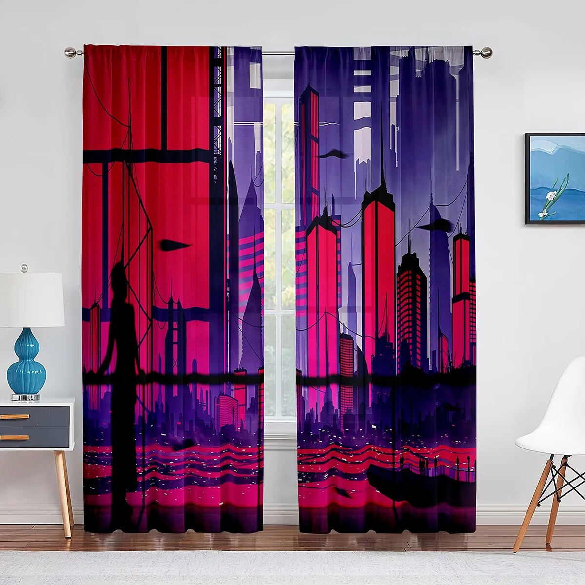 Night City Landscape Purple Neon Sheer Curtain for Living Room Bedroom ...