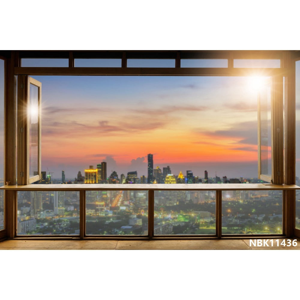 Night City Modern Buildings Curtain Window Interior Decor Photography ...