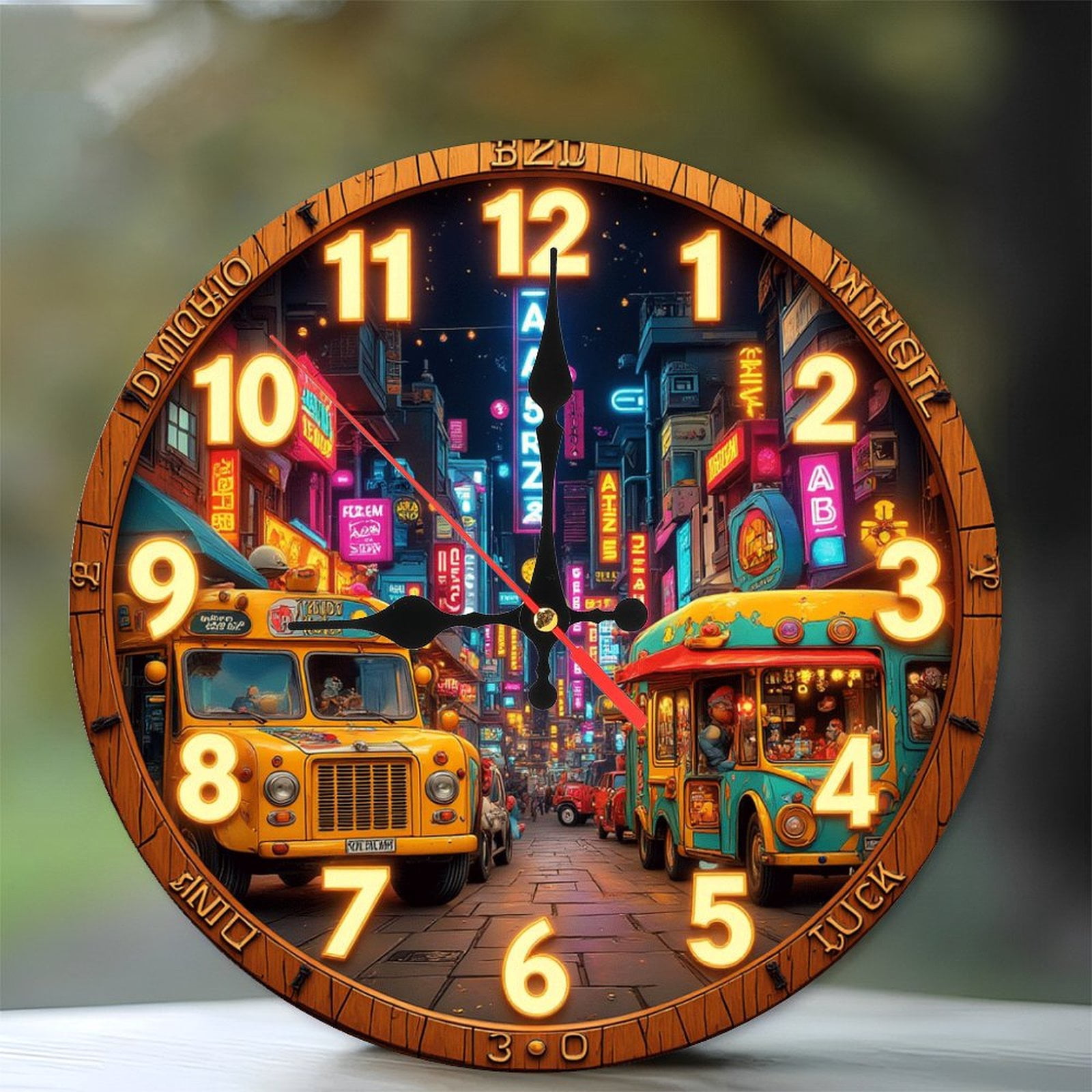 Night Cityscape Clock Wall Clock Neon Street Art 10-Inch Silent Wooden ...