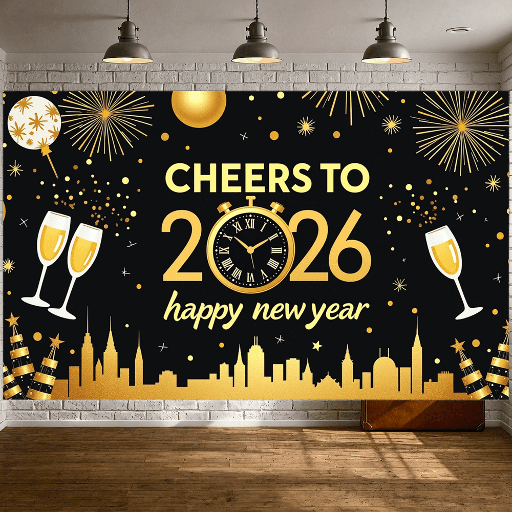 Night Cityscape Happy New Year Banner Glittering Fireworks Celebration ...