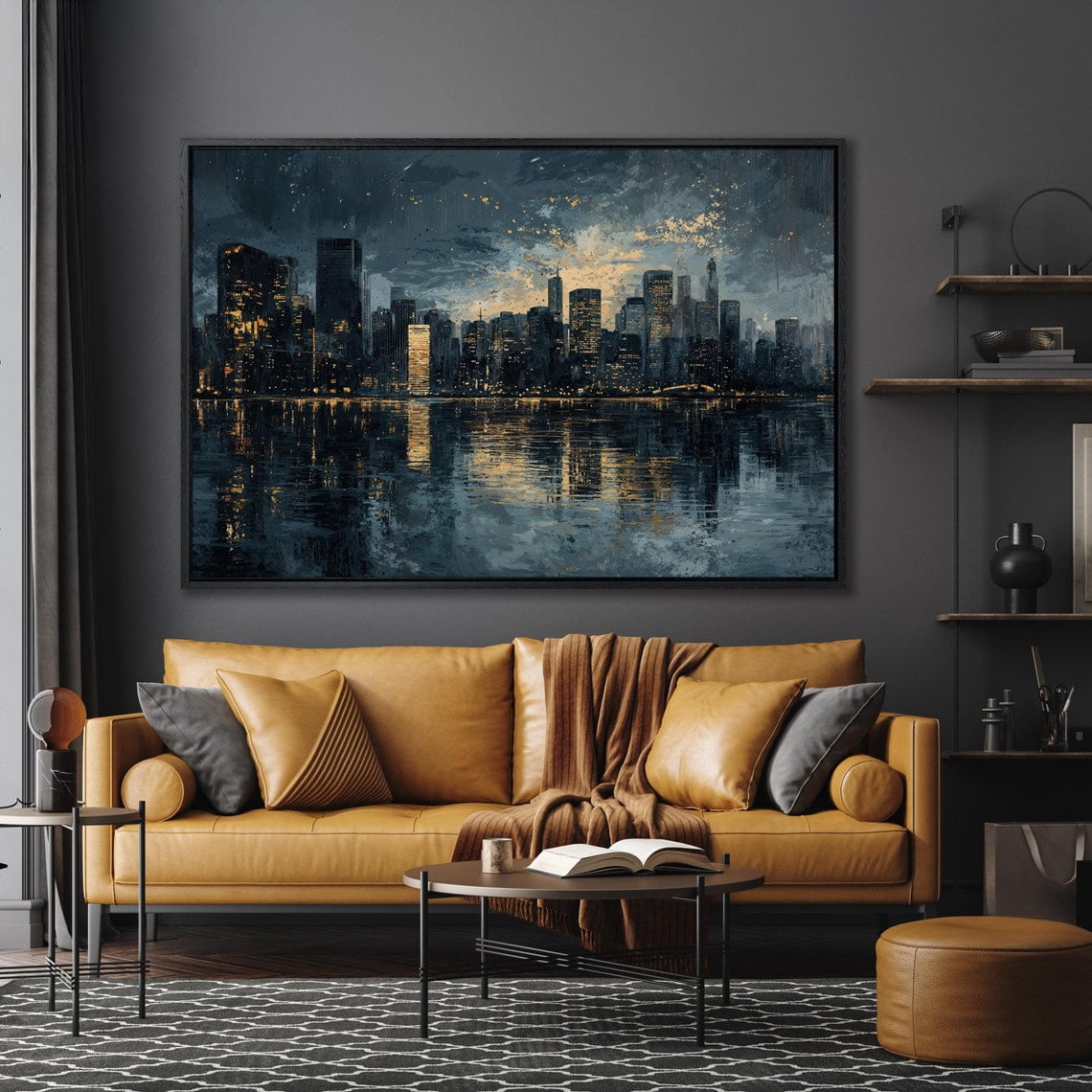 Night Cityscape Wall Art City Reflection Poster Contemporary Urban Wall ...