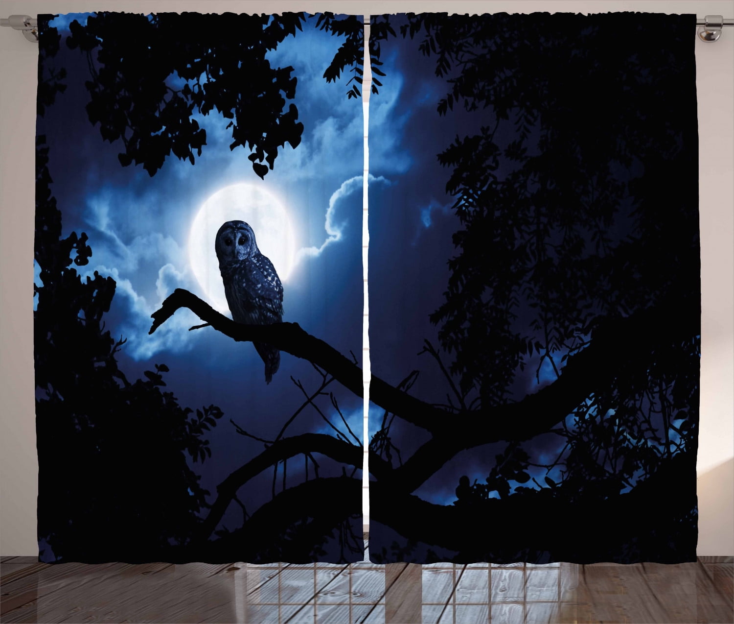 Ambesonne Night Curtains 2 Panel Set, Quite Woodland Full Moon, 108" x ...