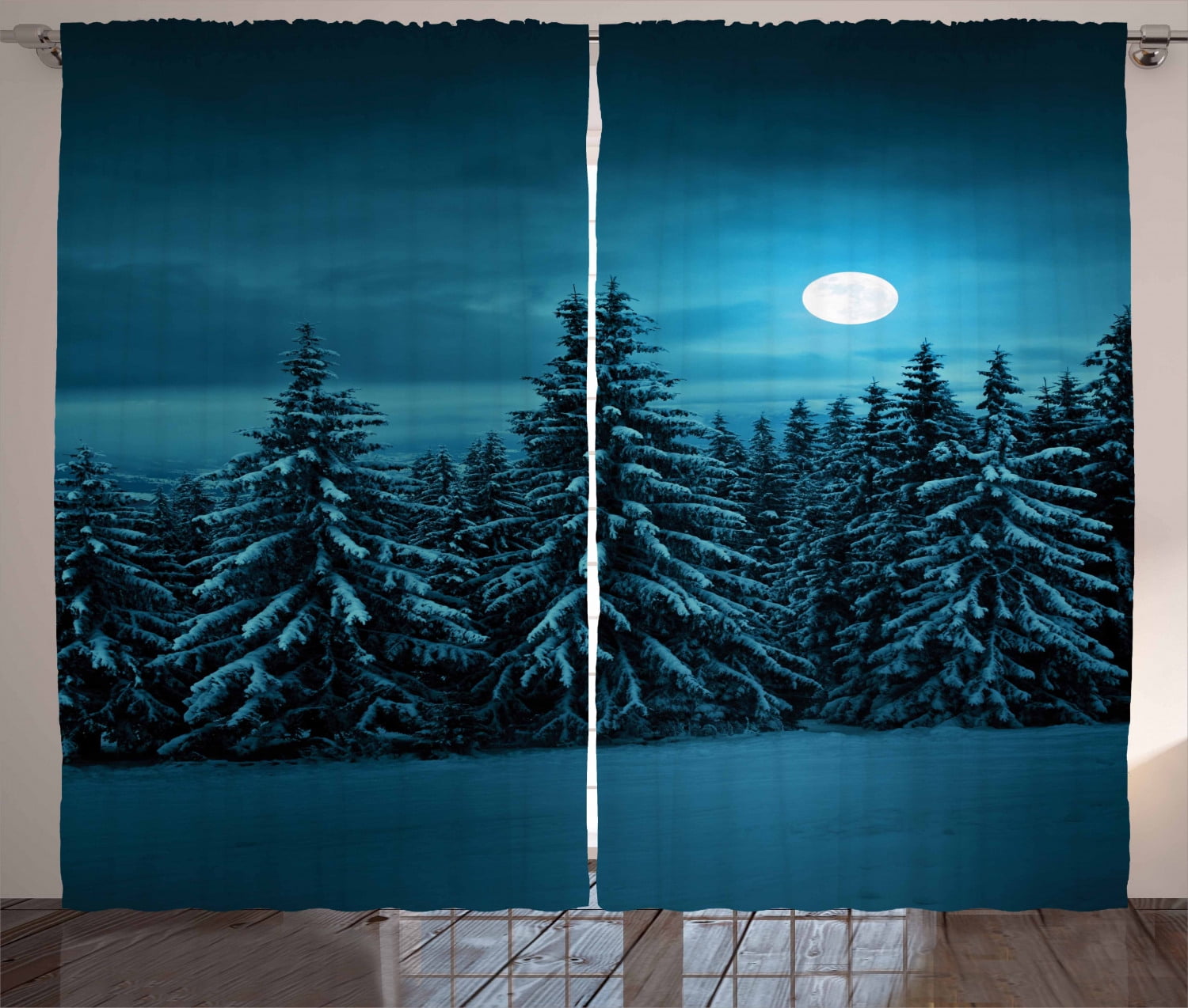 Ambesonne Night Curtains 2 Panel Set, Tranquil Snowy Woodland, 108" x ...