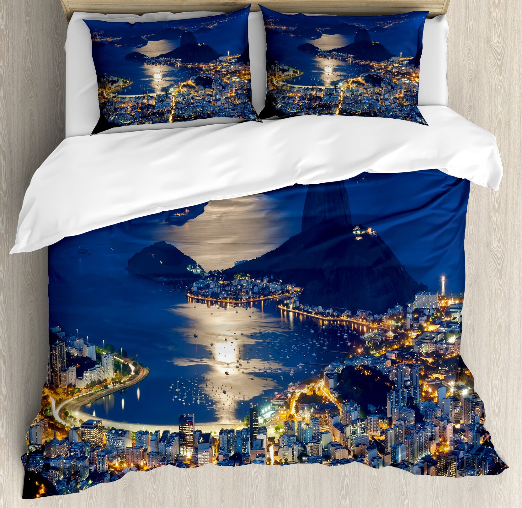 Night Duvet Cover Set, Aerial View of Mountain Sugar Loaf and Botafogo ...