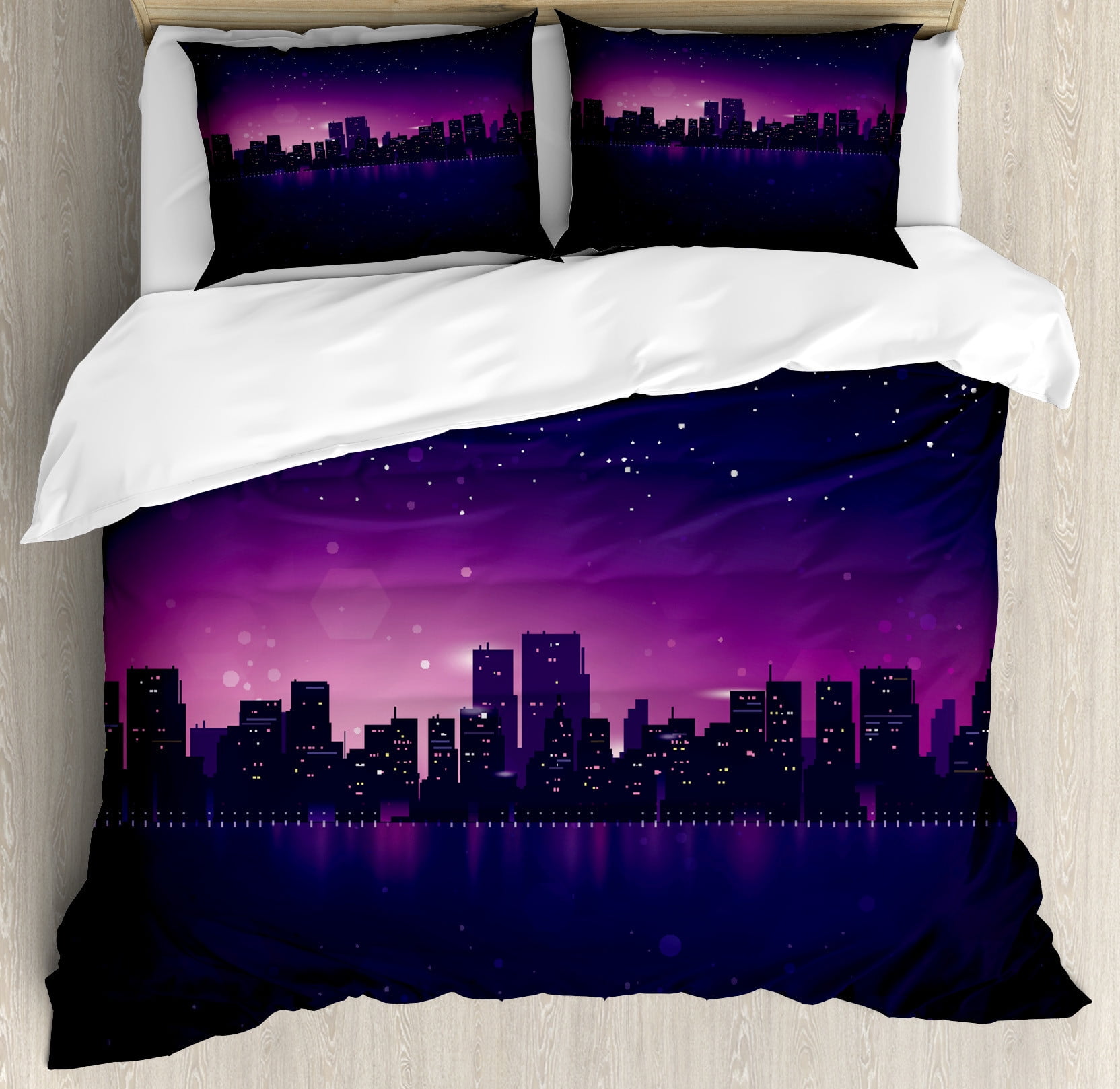 Night Duvet Cover Set, City Skyline Silhouette Skyscrapers Abstract ...