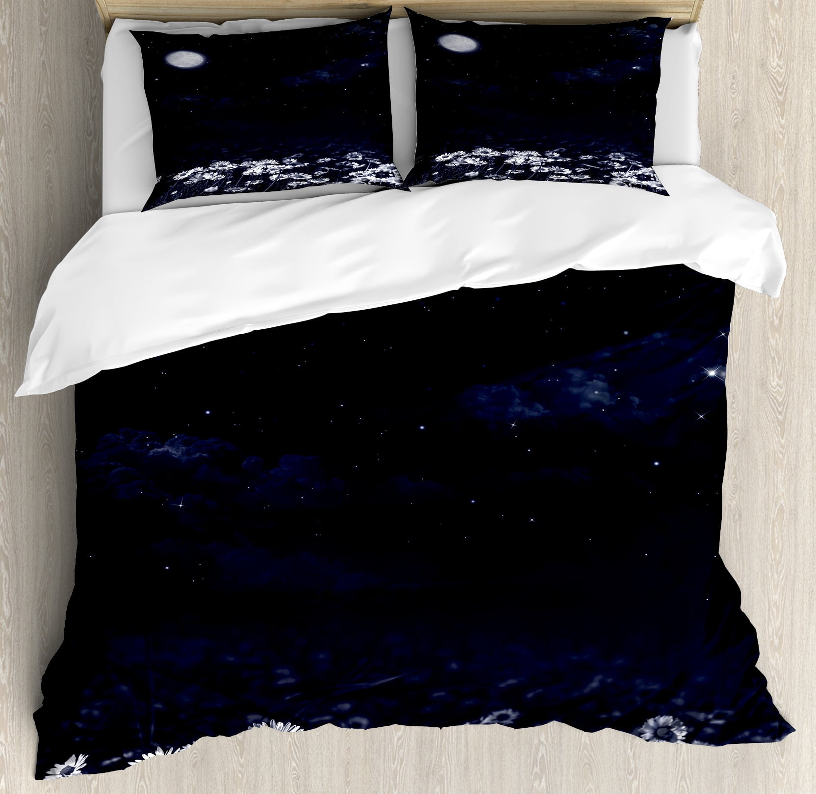 Night Duvet Cover Set, Dark Night and White Daisies Fantasy Landscape ...