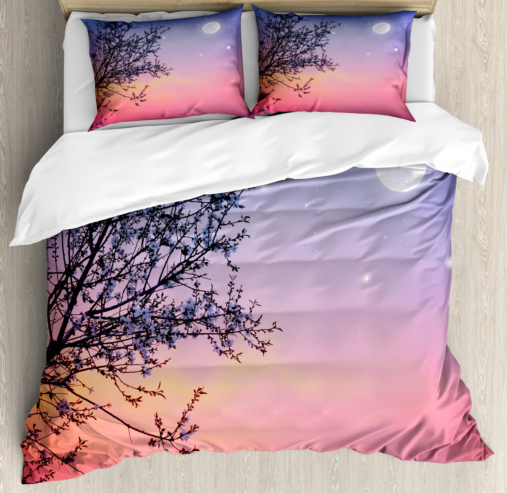 Night Duvet Cover Set, Dreamlike Ethereal Sky with Moon Stars and ...