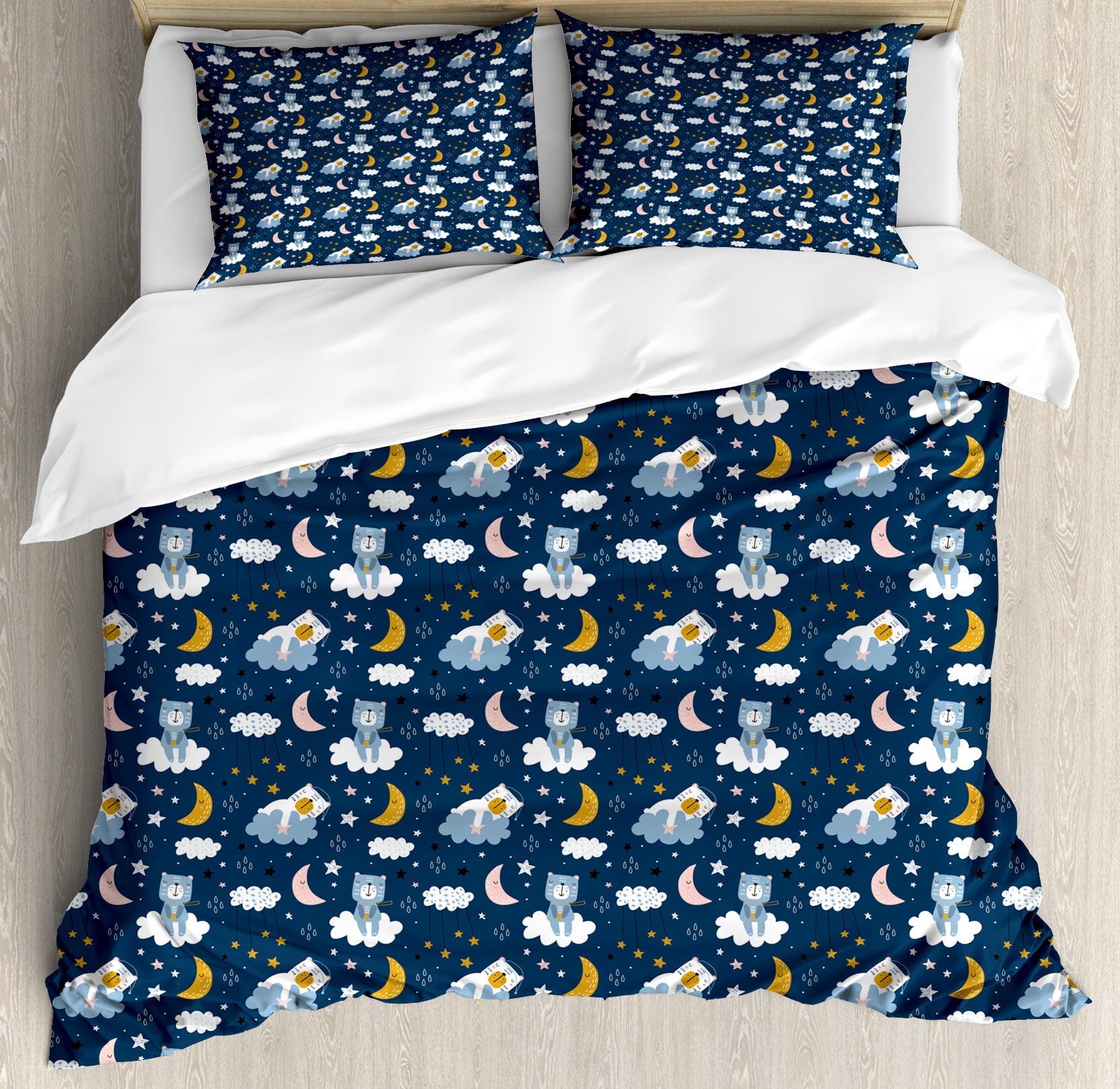 Night Duvet Cover Set, Dreams Along Bears Sleeping on the Moon Clouds ...