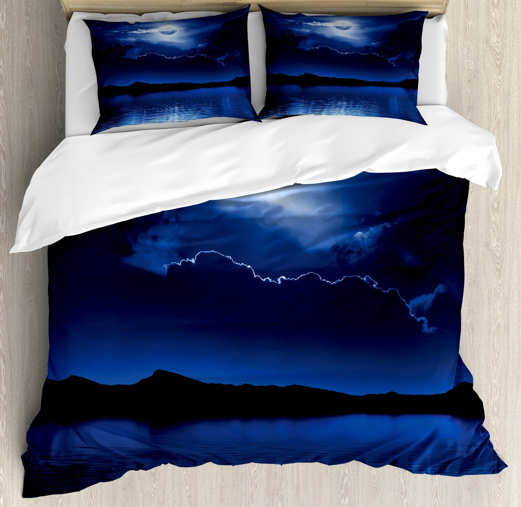 Night Duvet Cover Set, Fantasy Moon and Clouds over Calm Water Seascape ...