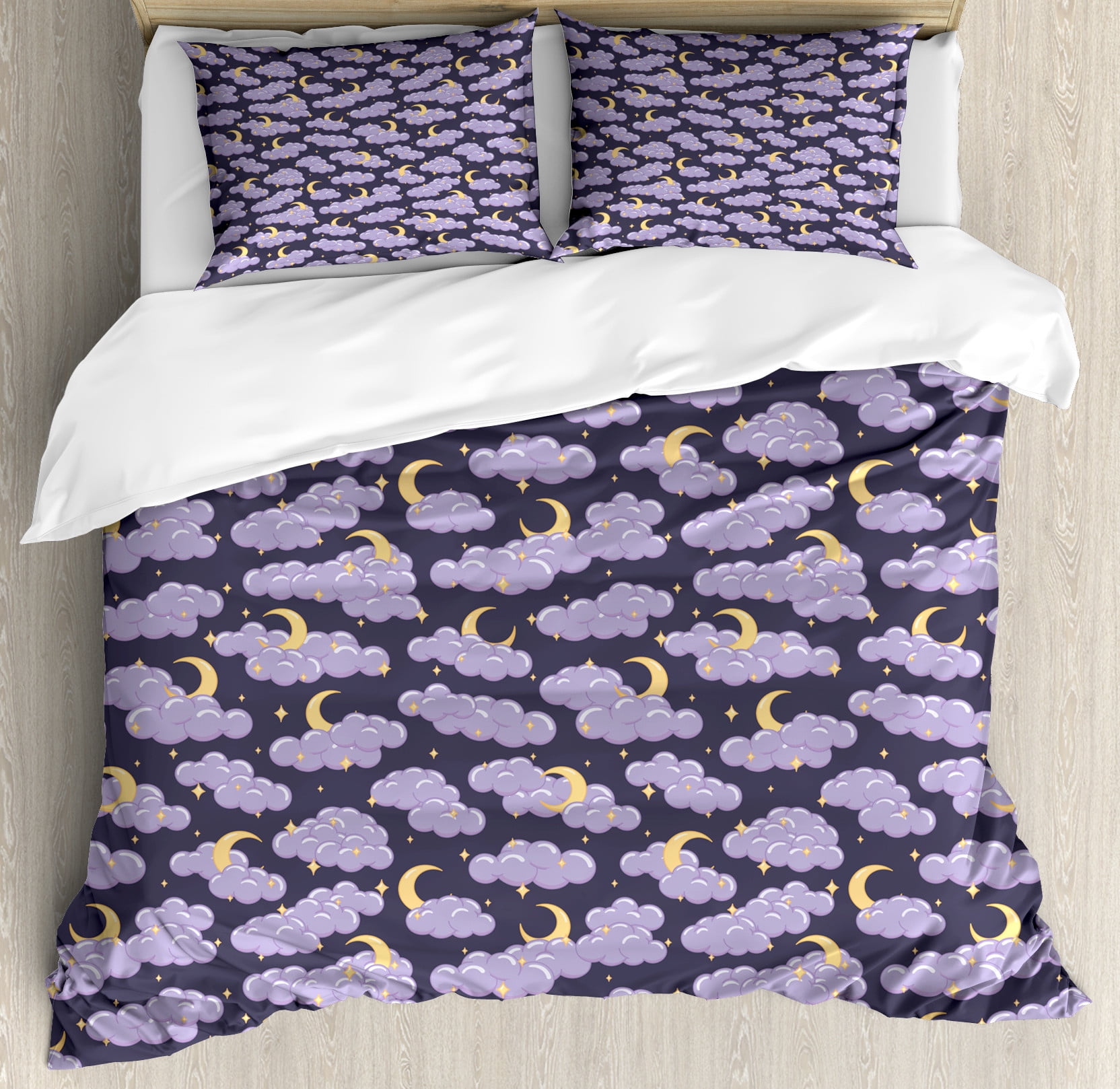 Night Duvet Cover Set, Fluffy Clouds and Crescent Moon Stars in the ...